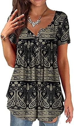 ORANDESIGNE T-Shirt Femme Fleurs Col en V Haut Dété Décontracté Ample Grande Taille Tuniques Hauts Chemise Longue Chemisier Surdimensionné Haut à Manches Courtes 