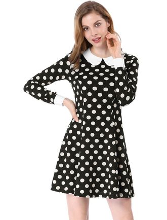 Allegra K Damen Minikleid Langarm A-Linie Bubikragen Polka Dots Elegant Party Kleid Schwarz S