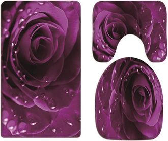 A.Monamour Badezimmer Badematte 3 Teilig Set Lila Rose Blume Blumen Hintergrund Kunst Dekor Flanell WC Toilette Deckel Deckt Bad Matte Teppich Badteppiche Badvor