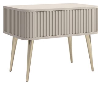 Selsey Nachttisch Beistellschrank Beistelltisch Nachtschrank 63 cm Schublade Gerillt Push to Open Soft Close Goldene Beine Graubeige Ovarlo
