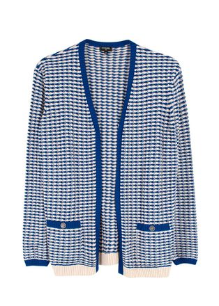 Chanel Blue and White Cotton Blend Tweed Open Cardigan Size L