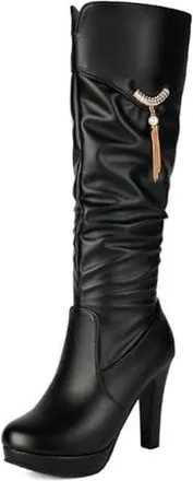 Generic Bottes hautes à plateforme épaisse pour femme - Bout rond - Fermeture éclair - Large mollet plissé - Avec chaîne en métal - Chaussures décontractées, 