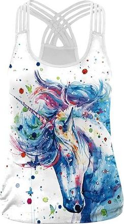 Ocean Plus Femmes Été Casual sans Manches Débardeur O-Neck Stretch Sport Top Mignon Racerback Yoga Workout Été Chemises(L (EU 36-38), Encre Licorne)