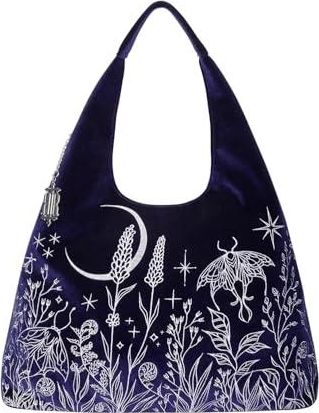 Restyle Hobo Stargazer Grand sac fourre-tout en velours bleu nuit pour ordinateur portable et dossiers A4 Sac &agrave; bandouli&egrave;re avec broderie mystique lune et mit