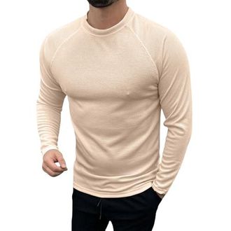 Generic DENGJIAMY Chemise raglan gaufr&eacute;e &agrave; manches longues classique &agrave; col rond pour homme T-shirts de printemps tendance hauts d&eacute;contract&eacute;s pour hommes, kaki