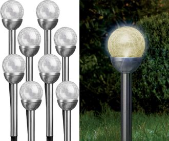 Bonetti Solarlampen für außen aus Edelstahl mit Bruchglas-Kugel, warm-weiße und bunte LED, kabellos, dekorative wetterfeste Solarleuchte für den Garten, Terra