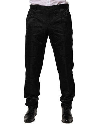 Dolce & Gabbana Mens Black Cotton Dg Crown Dress Pants Silk Polyester