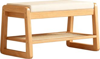 Generic Schuhschrank mit Sitzbank Klappbares Staufach Bambusrahmen Sitzkissen Aus Bio-Leder Sitzbank mit Stauraum f&uuml;r Flur, Wohn- Und Schlafzimmer(Natural,50 