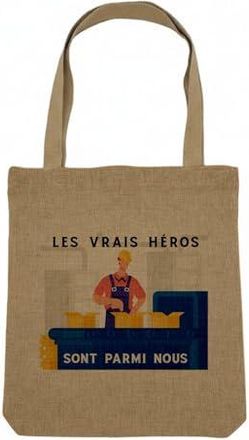 Fabulous Sac Shopping Tote Bag Aspect Lin - Les Vrais H&eacute;ros - Ouvrier M&eacute;tier Industrie Sac de Courses Toile Epaisse 360g Beige Naturel Cabas Port&eacute; Epaule Solid