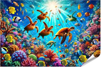 Islandburner XXL Bild Poster Unterwasserwelt mit Meeresschildkröten und bunten Fischen Premium Bilder Fotodruck