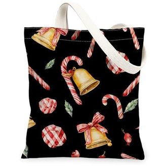 Generic Sacs fourre-tout en toile de Noël, motif canne à sucre dorge et cloche, sacs dépicerie réutilisables, sacs de vacances amusantes, légers et lavables e