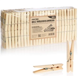 Com-Four 300x Wäscheklammern aus Holz - Nachhaltige Holzklammern aus Birkenholz - unbehandelte Holzwäscheklammern zum Wäscheaufhängen und Basteln (300 Stück - 