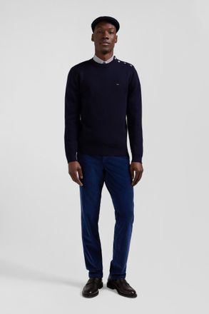 Eden Park Pull Col Rond Boutonnage &Eacute;paule En Laine Marine Coupe Regular