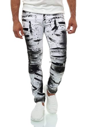 Kingz Designer Jeans Herren Slim Fit Stretch Jeanshose Designer Hose Denim Batik Waschung1505-2 White Black 30/34