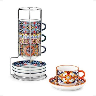 VANCASSO SIMI - Lot de 8 Tasses &agrave; Caf&eacute; avec Soucoupes (150ml) - Service &agrave; Caf&eacute; pour 4 Personnes - Porcelaine R&eacute;sistante pour Expresso, Cappuccino - Design Boh&egrave;