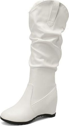 Generic Chaussures dhiver tendance pour femme - Coupe en V - Large mollet - Ruch&eacute; - Talon compens&eacute; cach&eacute; - Bout rond, blanc, 39.5 EU