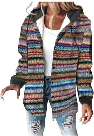Generic Vestes pour femmes 2026 Srtripe Print Manteau &agrave; capuche avec poche, multicolore, XXL