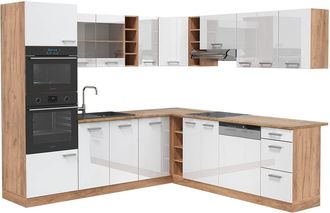 Vicco Eckküche R-Line, Weiß Hochglanz/Goldkraft Eiche, 237 x 247 cm ohne Arbeitsplatte