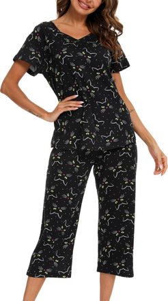Mia Lucce Schlafanzug Damen Zweiteiliger Pyjama Sommer Nachtw&auml;sche Kurz Baumwolle Hausanzug Capri Sleepwear Oberteil und 3/4 Hose S-XXL