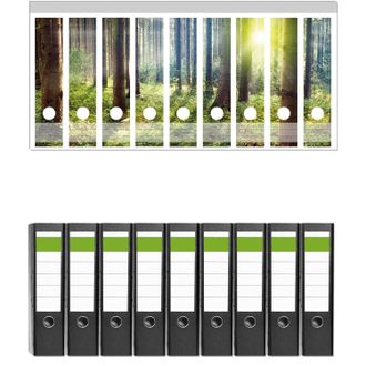 Wallario 9 St&uuml;ck breite Ordner inkl. Klebeetiketten mit Motiv Sonnenuntergang im Wald zwischen den B&auml;umen - Set mit R&uuml;ckenschildern/Ordnerr&uuml;cken Stickern