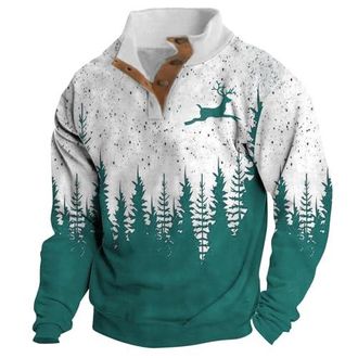 Generic Pull de Noël pour homme - Imprimé Père Noël renne - Doublure en polaire - Pull de Noël 2025 à revers boutonné - Manches longues - Flocon de neige, Ver