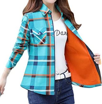 Minetom Chemise à Carreaux à Manches Longues Veste Blouse Décontractée Chaud Doublure en Velours Automne Hiver Veste Shirt Style V Bleu 34