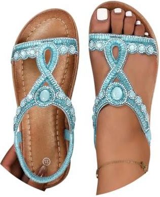 Minetom Femmes Sandales Mode Boho Plates Été Strass Bout Ouvert Sandales Confortables Élastique Sangle Chaussures De Plage A Vert 41 EU