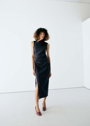 Mango Robe &agrave; col asym&eacute;trique et fronces bleu nuit - Femme - XS - MANGO