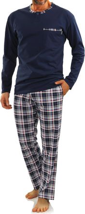 Sesto Senso Herren Schlafanzug Lang Pyjama 100% Baumwolle Langarm Shirt mit Tasche Pyjamahose Zweiteilig Set Nachtwäsche Dunkelblau Kariert XXL Jasiek 2188/06