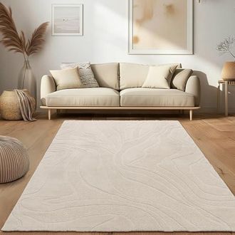Paco Home Tapis de Salon Moderne Tapis à Poils Courts Scandinave Style Japandi Panglao Unicolore Effet de Profondeur Motif Abstrait Effet 3D Velours Doux Crème,