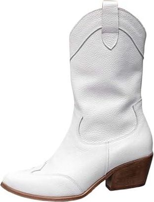 Generic Bottes de cowboy en daim pour femme, demi-cheville, talon haut pointu, longueur perforée, chaussures longues pour femme, blanc, 37.5 EU