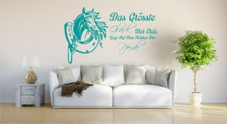 Indigos UG Wandtattoo Wohnzimmer - Wandaufkleber Das gr&ouml;&szlig;te Gl&uuml;ck der Erde liegt auf dem R&uuml;cken der Pferde - 81cm x 60cm t&uuml;rkis E934 - Aufkleber Kinderzimmer Sch