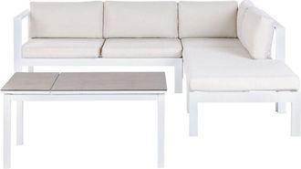 Beliani Lounge Set Wei&szlig; Aluminium mit Auflagen Cremewei&szlig; Stoff Skandi Modern 5-Sitzer Ecksofa Ottomane und 1 Couchtisch Terrasse Garten M&ouml;bel