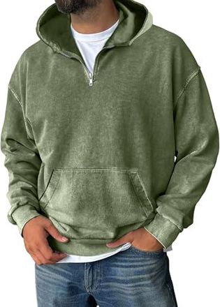 Generic Sweat à capuche délavé à lacide, pull léger à fermeture éclair sur le devant avec poches à manches longues et capuche décontracté pour homme, Vert noi