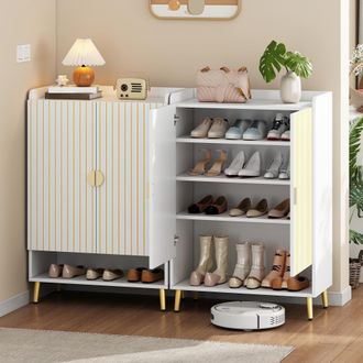 Generic Doppeltür Schuhschrank 3-stufiger offene untere Schublade Sideboard für Wohnzimmer Flur Eingang Beistellschrank Moderner Schließfächer Weiß 2-teiliges