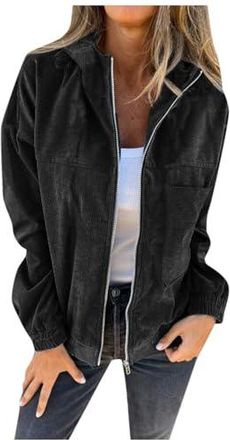 Generic Vestes pour femmes, veste dautomne &agrave; capuche en velours c&ocirc;tel&eacute; de couleur unie, v&ecirc;tements dext&eacute;rieur l&eacute;gers de style europ&eacute;en 2026, Noir, XXL