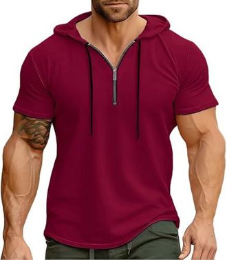 Generic T-shirt &agrave; capuche pour homme - Fermeture &eacute;clair 1/4 - Manches courtes - Pull dentra&icirc;nement - Pull de gym - Chemise muscle d&eacute;t&eacute; avec capuche - T-shirt 