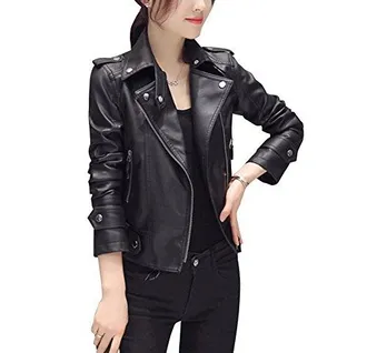 LaoZan Femme Veste Blazer de Moto en Cuir PU Elégant Faux Cuir Blousons à Manches Longues XXL Noir