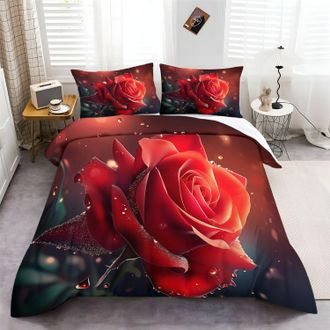 Generic Bettbezug Blumen Rose Motiv, Weiche Bettbezug 150 x 200 cm, Bettwäsche-Set Dunkel Gemütlich mit Reißverschluss und Kissenbezüge für Kinder Jugendliche