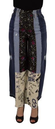 Dolce & Gabbana Womens Multicolor Patchwork Dg Fashion Wide Leg Denim Pant Cotton