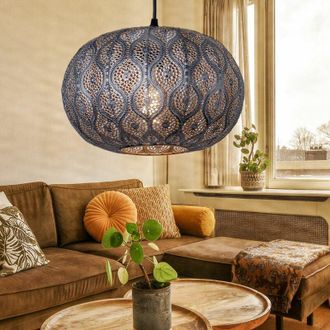 Globo Lighting Decken Pendelleuchte im orientalischen Design H&auml;ngelampe mit rundem Lampenschirm, schwarz silber-metallic, 1x E27, DMxH 30x120cm, Wohnzimmer Esszimmer