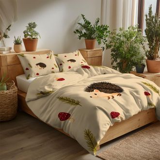 Generic 135 x 200 cm Bettw&auml;sche-Set 2 Teilig, Tiere Igel Tannenzweige Bettbezug mit Rei&szlig;verschluss Weiche Mikrofaser Kinderbettw&auml;sche mit 1 Kissenbezug, Creme