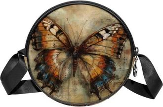 Generic Sac &agrave; bandouli&egrave;re rond pour femme, motif papillon vintage, petit sac &agrave; bandouli&egrave;re avec fermeture &eacute;clair, bretelles r&eacute;glables, sac &agrave; main rond d&eacute;contr