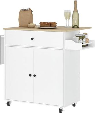 HOMCOM Desserte de Cuisine sur roulettes, Îlot Central Cuisine avec tiroir, étagère réglable, Placard à Double Porte, Support à épices et Porte-Serviette, 10