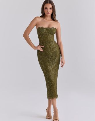 House of CB Alexia olivfarbene Metallic-Spitzen-Midikleid mit tr&auml;gerlosem Schnitt-Gr&uuml;n