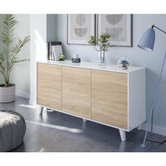 Dmora Buffet Dacell, Buffet moderne avec 3 portes et étagères, Buffet de cuisine, Buffet design de salon, 154x40h75 cm, Blanc et chêne - Dmora