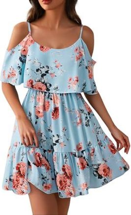 Generic Robe boh&egrave;me 2026 pour femme, imprim&eacute; floral, &eacute;paules d&eacute;nud&eacute;es, manches courtes, volants, ligne A, &eacute;l&eacute;gante, mini, bleu, XL