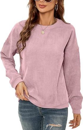 Generic Sweat-shirt &agrave; col rond en velours c&ocirc;tel&eacute; pour femme - Manches longues - &Eacute;paules tombantes - Pull d&eacute;contract&eacute;, rose, L