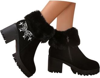 Generic Bottes Anker 2026 pour femme avec noeud en fourrure et talon &eacute;pais, Noir, 39.5 EU