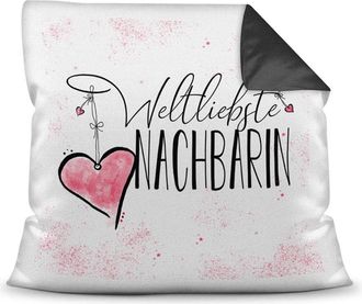 Tassendruck Familie-Kissen mit Spruch für die Weltbeste Nachbarin - Kissenbezug inklusive Kissen/Verwandte/Geschenk-Idee/Liebling/Kinder/Farbkissen Rückseite Schw